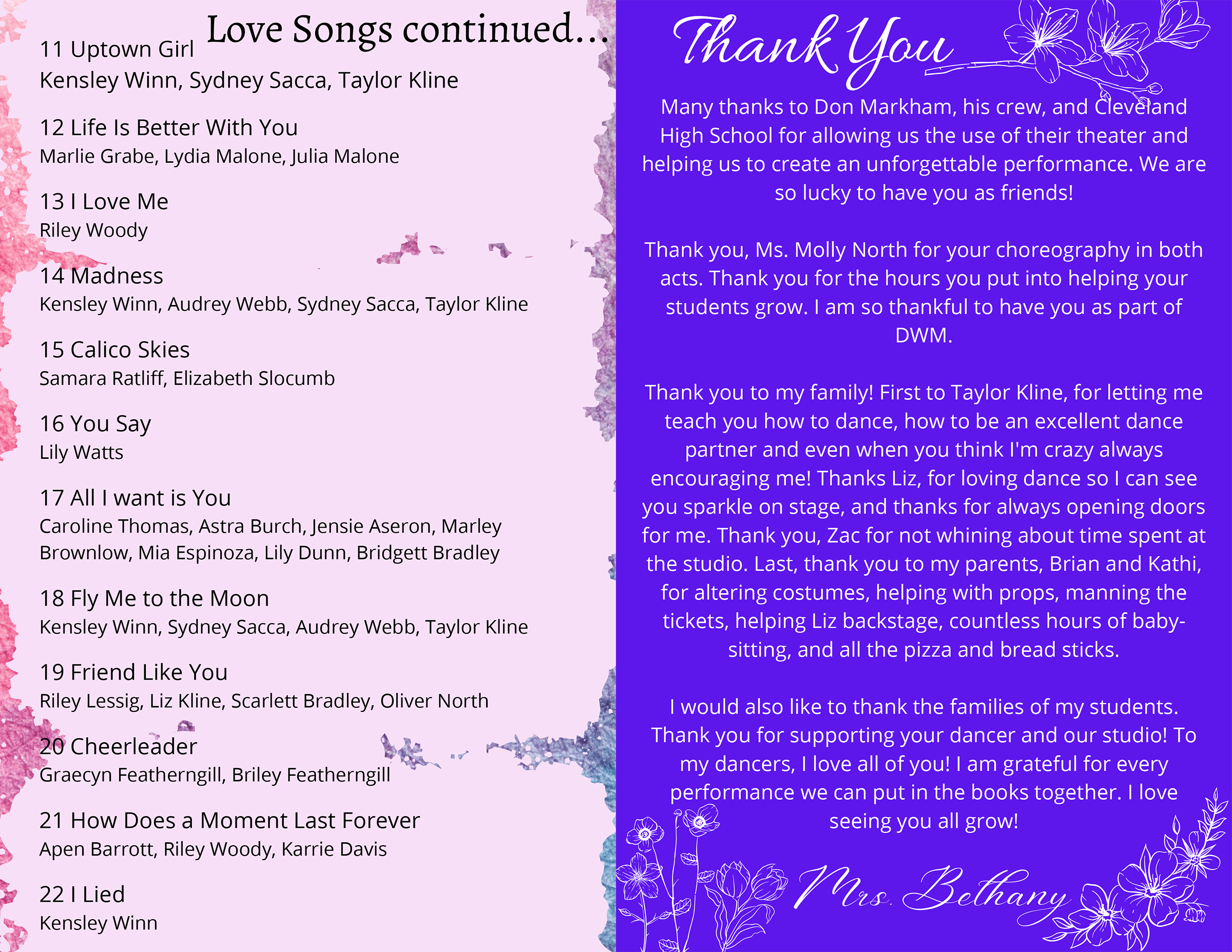 Dance Recital Program Booklet: Spotlight on Jasmine and Love Songs ...